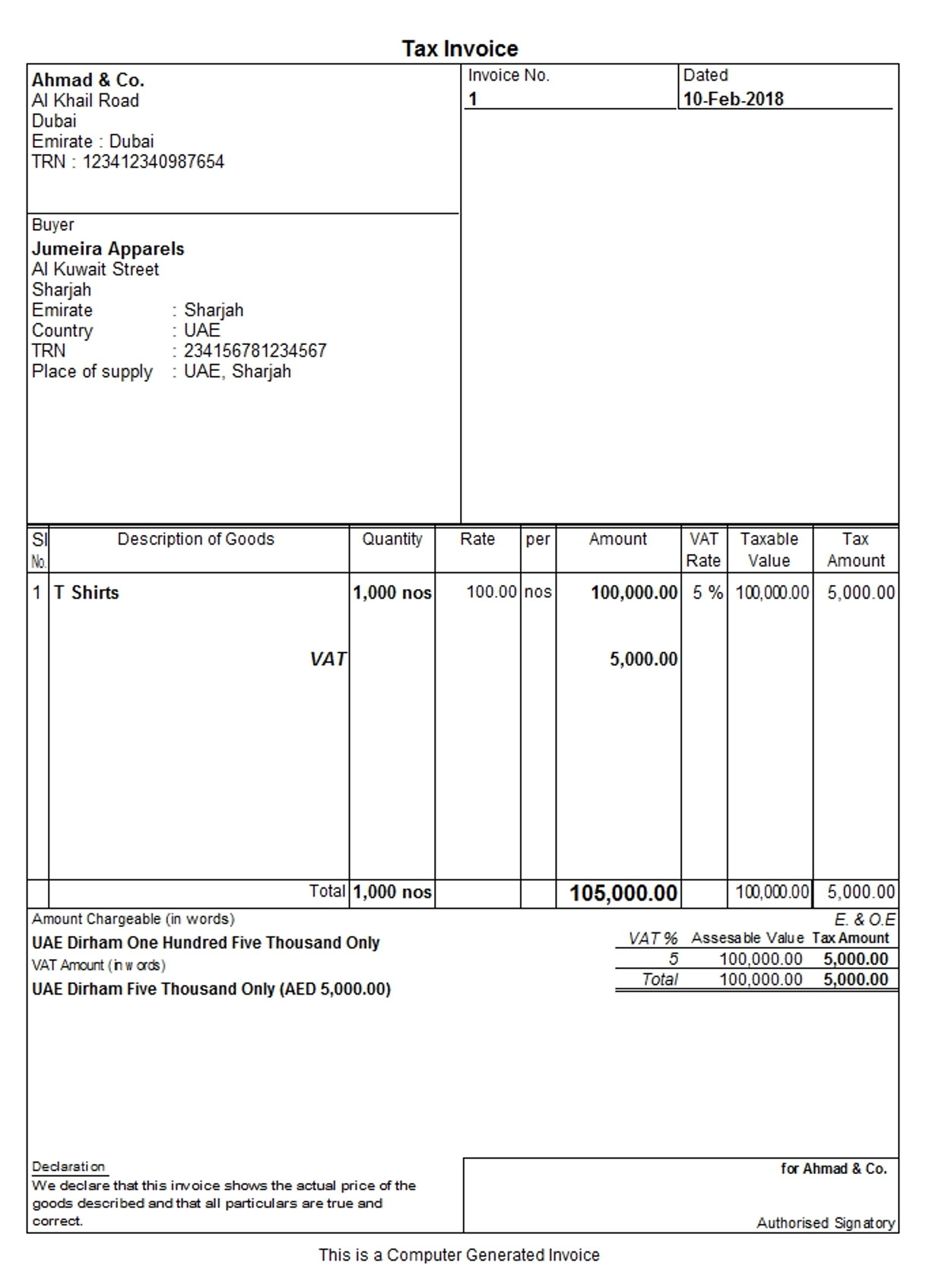 Tax Invoice To A Registered Customer Under VAT In UAE